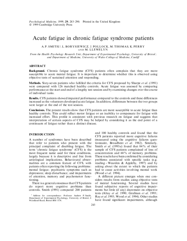 Pdf Acute Fatigue In Chronic Fatigue Syndrome Patients