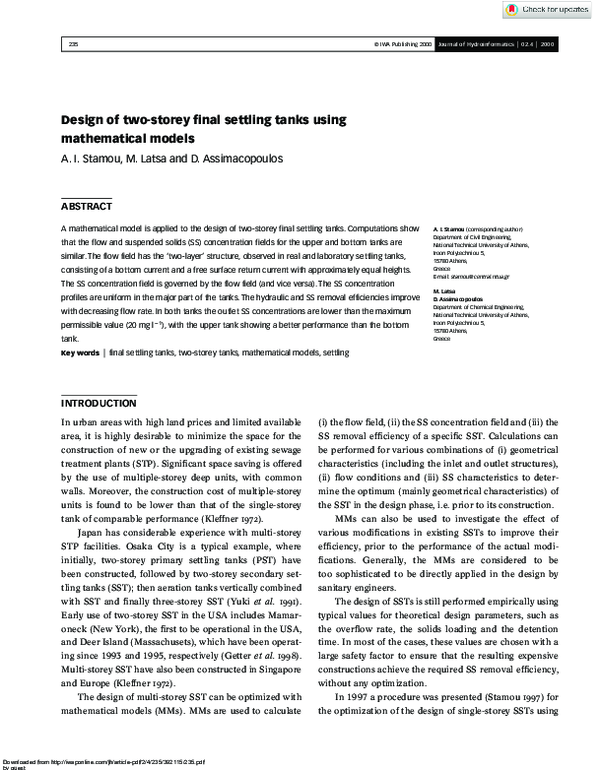(PDF) Design of two-storey final settling tanks using mathematical models