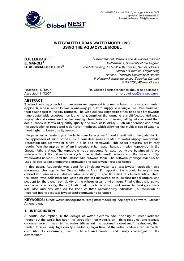(PDF) Integrated urban water modelling using Aquacycle model