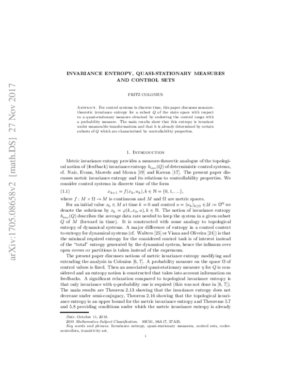 (PDF) Invariance entropy, quasi-stationary measures and control sets | Fritz Colonius - Academia.edu