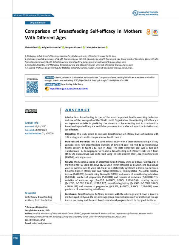 (PDF) Comparison of Breastfeeding Self-efficacy in Mothers With ...
