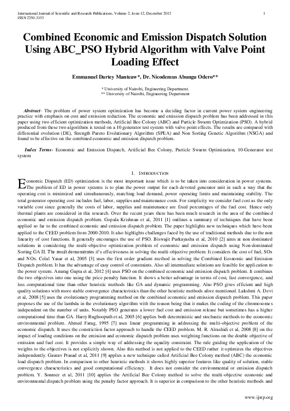 Pdf Combined Economic And Emission Dispatch Solution Using Abc Pso Hybrid Algorithm With 1304