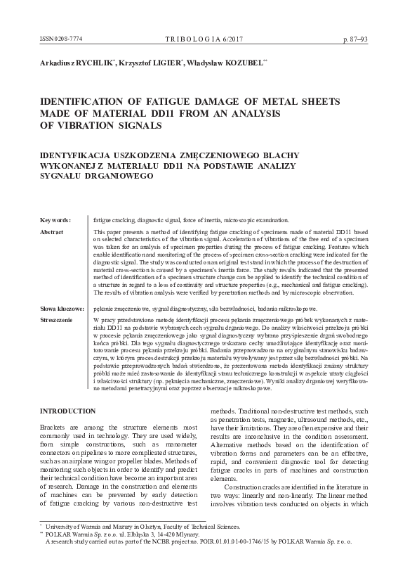 (PDF) Identification of Fatigue Damage of Metal Sheets Made of Material ...