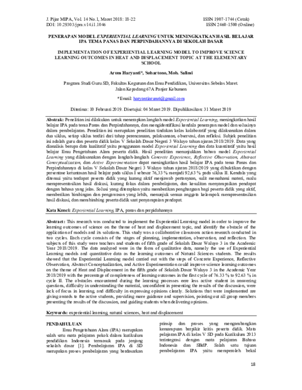 (PDF) Penerapan model experiential learning untuk meningkatkan kemampuan berpikir kritis dan ...