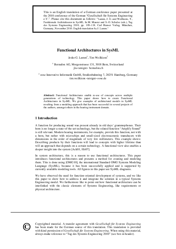 (PDF) Functional Architectures in SysML