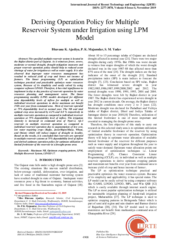 Pdf Deriving Operation Policy For Multiple Reservoir System Under Irrigation Using Lpm Model