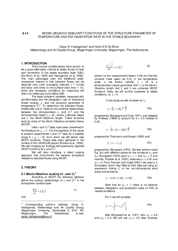 Pdf Moninobukhov Similarity Functions Of The Structure Parameter Of Temperature And Turbulent