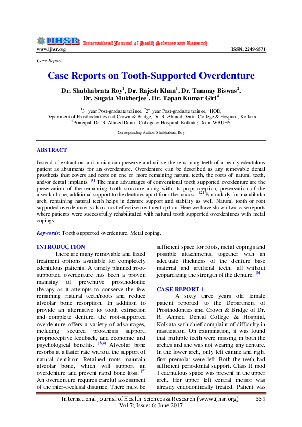 (PDF) Case Reports on Tooth-Supported Overdenture
