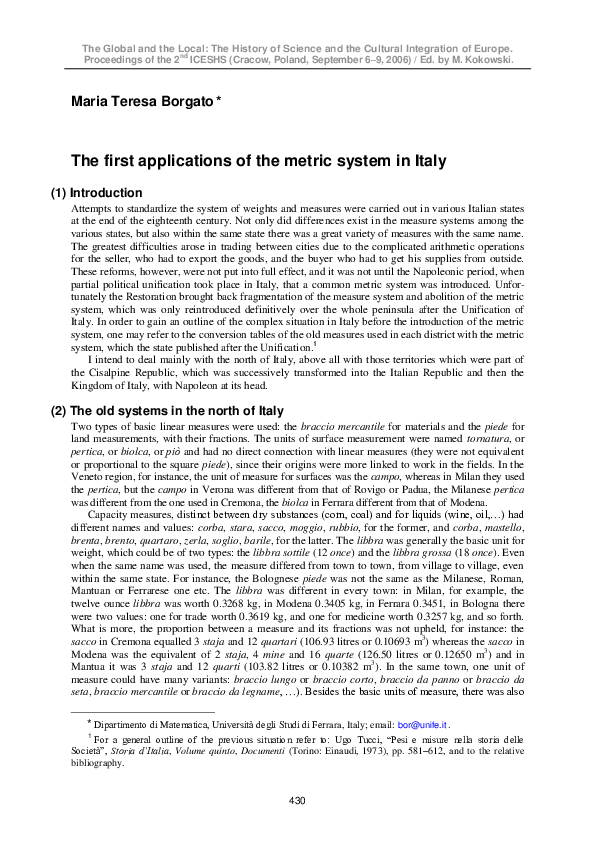 (PDF) The first applications of the metric system in Italy