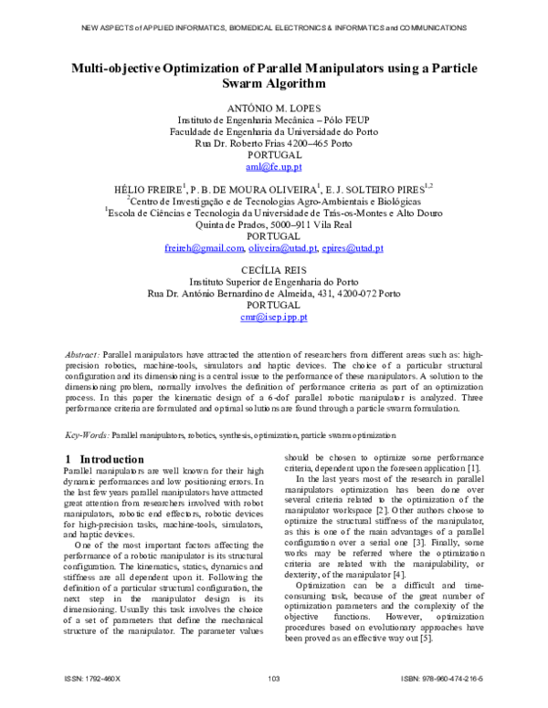 Pdf Multi Objective Optimization Of Parallel Manipulators Using A Particle Swarm Algorithm 1913