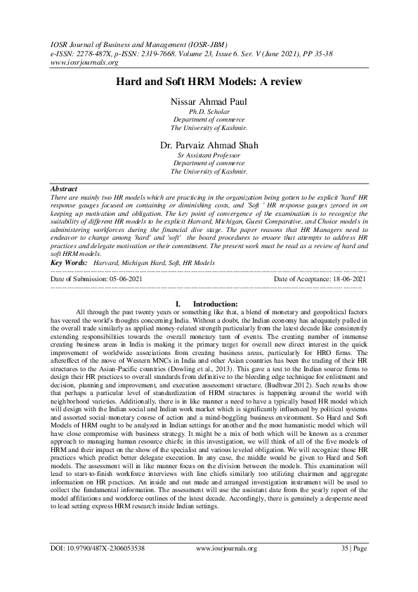 (PDF) Hard and Soft HRM Models: A review | Nisar Ahamd - Academia.edu