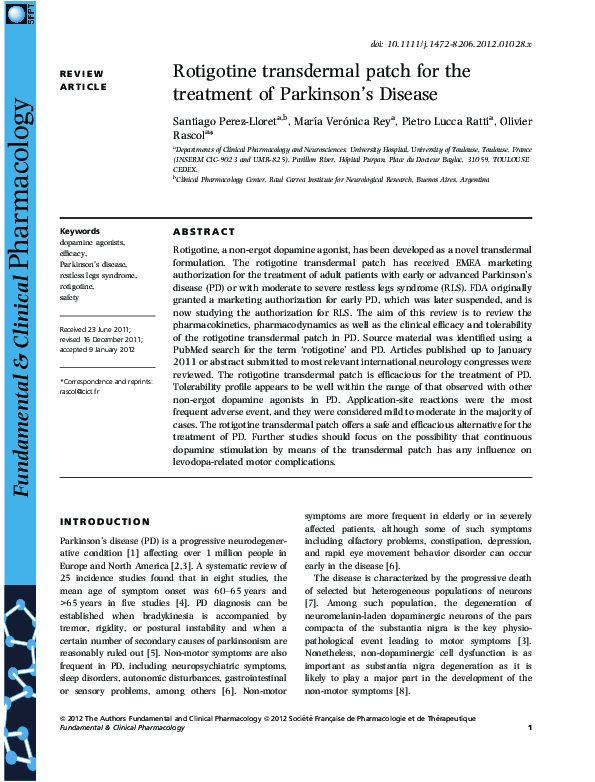 (PDF) Rotigotine transdermal patch for the treatment of Parkinson’s Disease