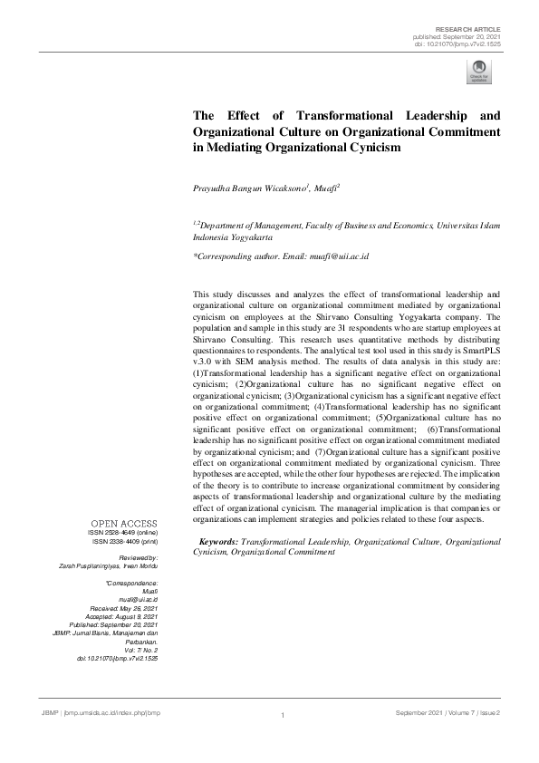 (PDF) The Effect of Transformational Leadership and Organizational Culture on Organizational ...