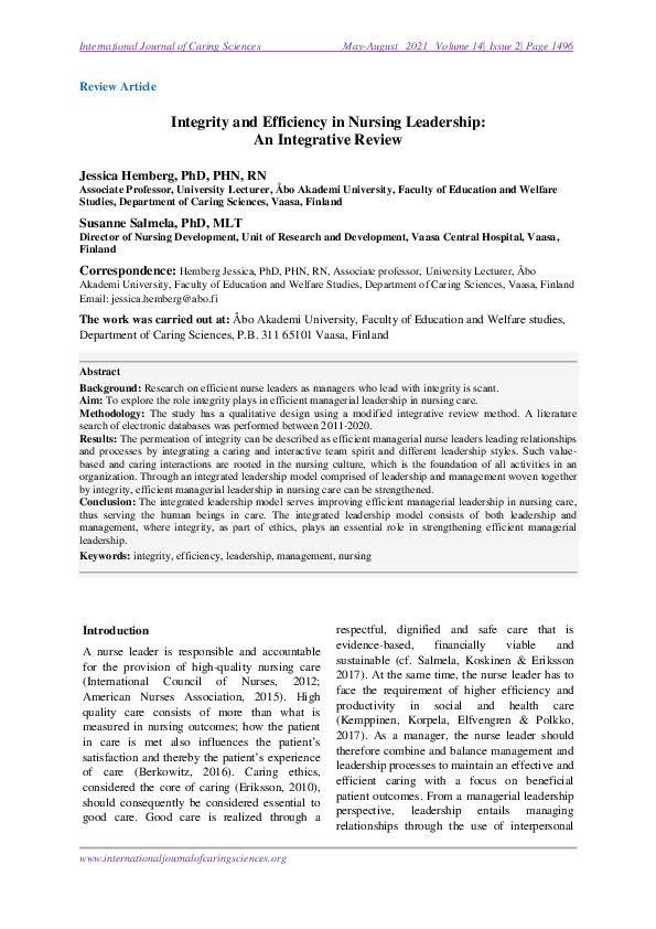 (PDF) Integrity and Efficiency in Nursing Leadership: An Integrative Review