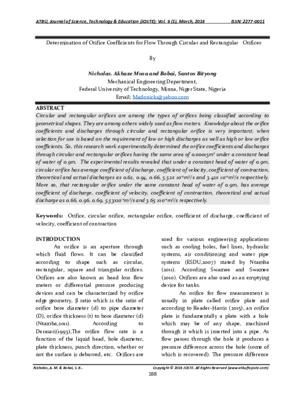 (PDF) Determination of Orifice Coefficients for Flow Through Circular ...