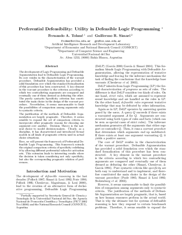 (PDF) Preferential defeasibility: utility in defeasible logic programming