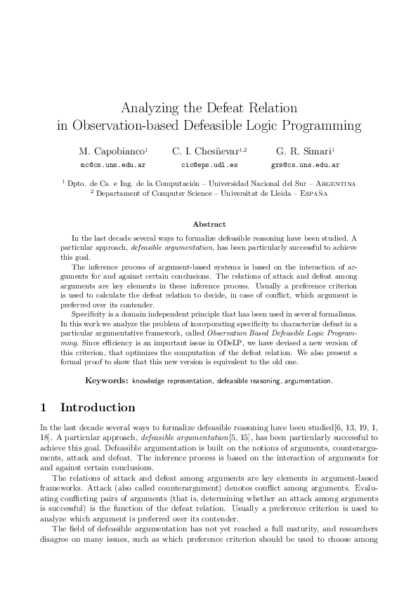 (PDF) Analyzing the defeat relation in observation-based defeasible logic programming