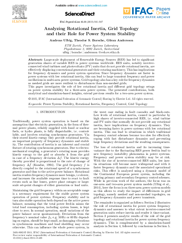 (PDF) Analyzing Rotational Inertia, Grid Topology and their Role for Power System Stability