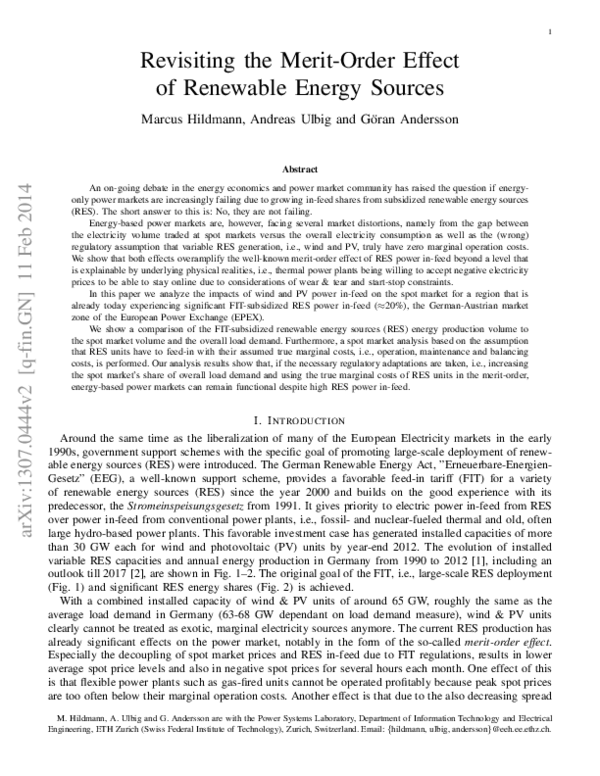 (PDF) Revisiting the merit-order effect of renewable energy sources