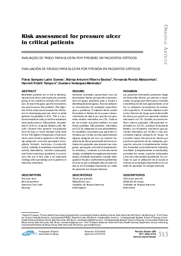 (PDF) Risk assessment for pressure ulcer in critical patients