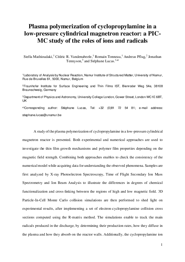 (PDF) Plasma polymerization of cyclopropylamine in a low-pressure ...