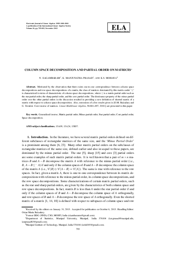 Pdf Partial Order On Matrices And Column Space Decompositions