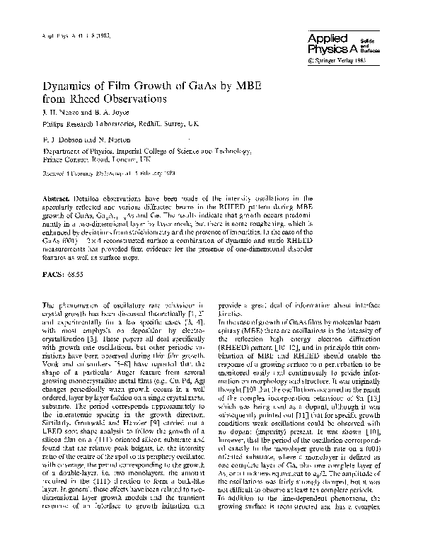 (PDF) Dynamics of film growth of GaAs by MBE from RHEED oscillations
