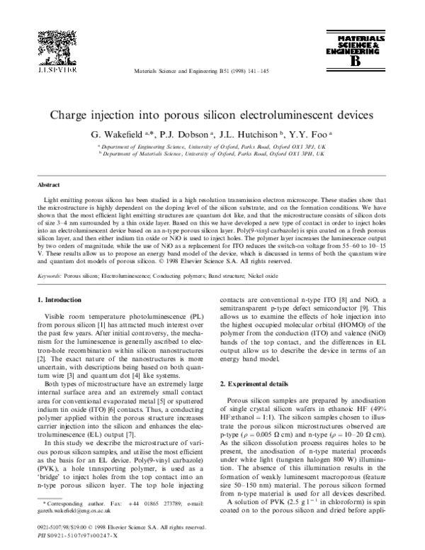 (PDF) Charge injection into porous silicon electroluminescent devices