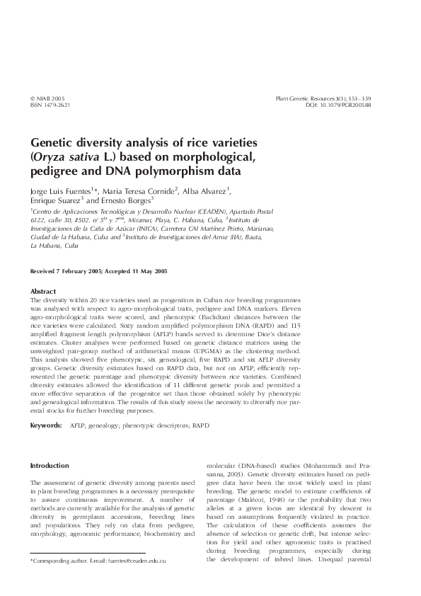 (PDF) Genetic diversity analysis of rice varieties (Oryza sativa L.) based on morphological ...