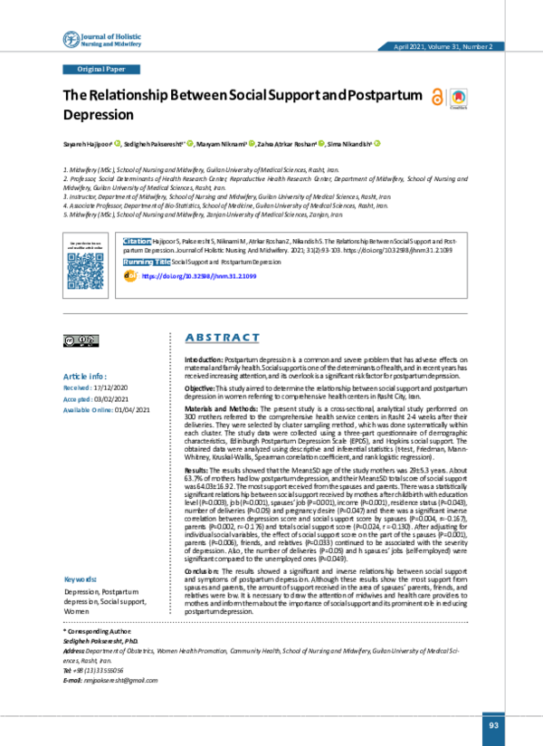 (PDF) The Relationship Between Social Support and Postpartum Depression
