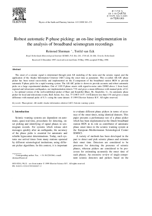 (PDF) Robust automatic P-phase picking: an on-line implementation in the analysis of broadband ...