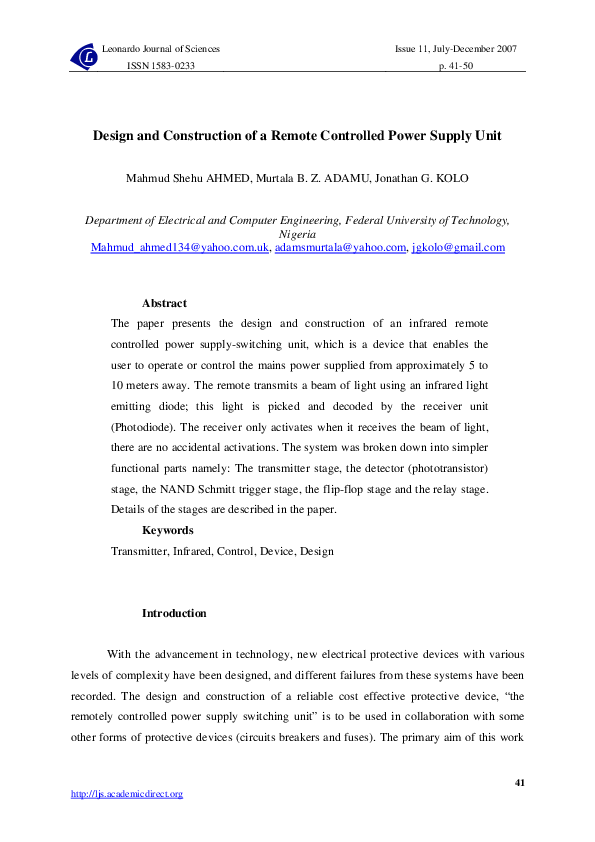 (PDF) Design and Construction of a Remote Controlled Power Supply Unit ...