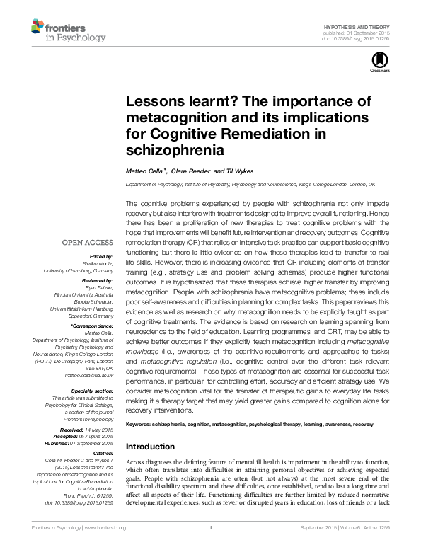 (PDF) Lessons learnt? The importance of metacognition and its implications for Cognitive ...