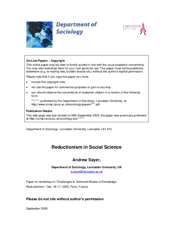 (PDF) Reductionism in social science