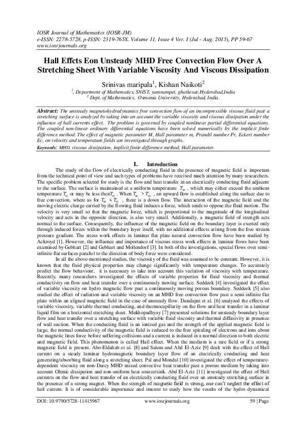 (PDF) Hall Effcts Eon Unsteady MHD Free Convection Flow Over A Stretching Sheet With Variable ...