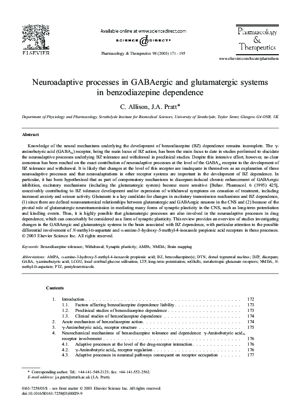 (PDF) Neuroadaptive processes in GABAergic and glutamatergic systems in benzodiazepine dependence