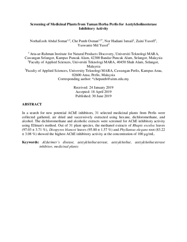 (PDF) Screening of Medicinal Plants from Taman Herba Perlis for ...