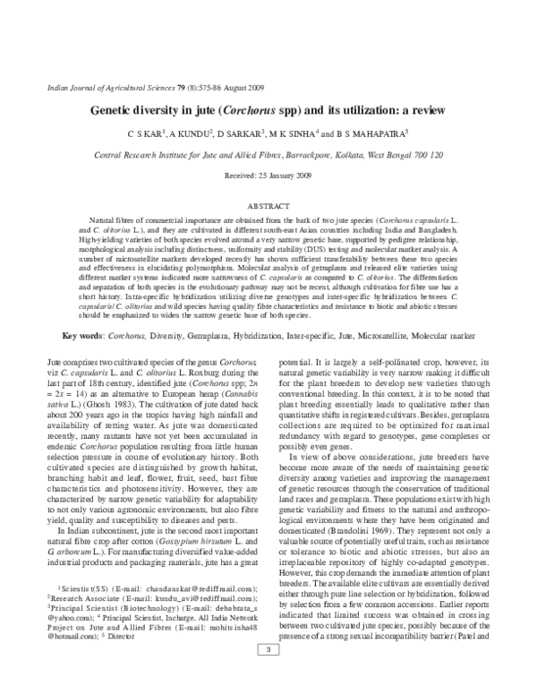 (PDF) Genetic diversity in jute (Corchorus spp.) and its utilization: a review
