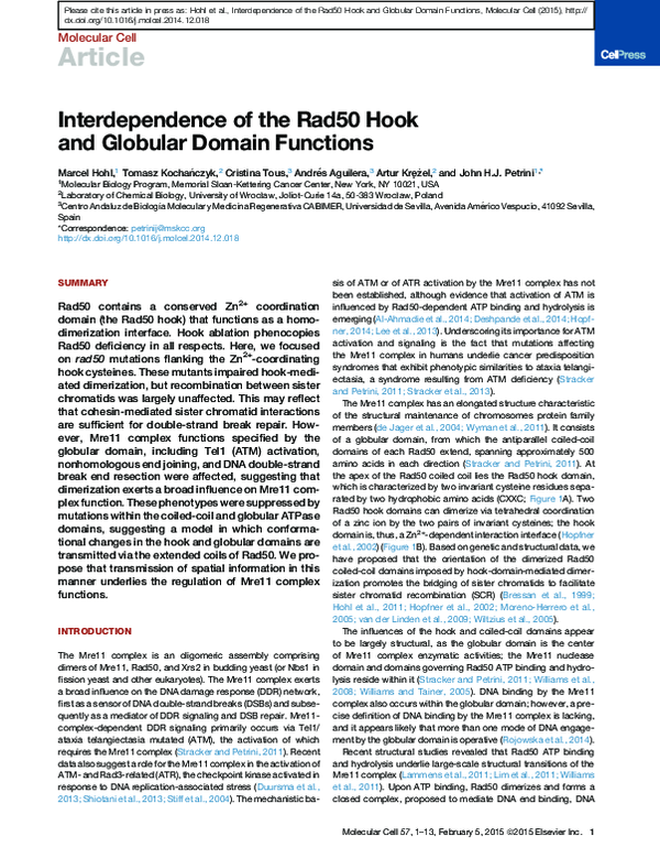 (PDF) Interdependence of the Rad50 Hook and Globular Domain Functions