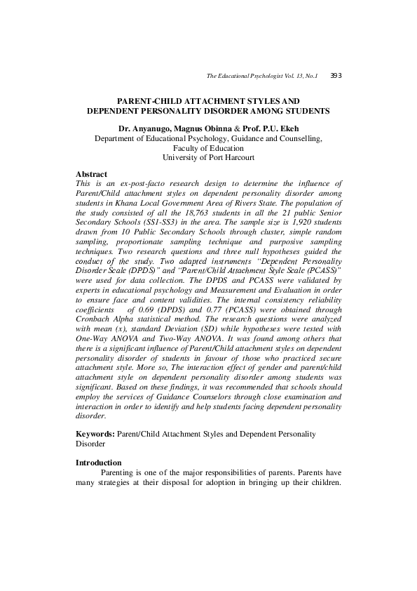 (PDF) Parent-Child Attachment Styles and Dependent Personality Disorder ...