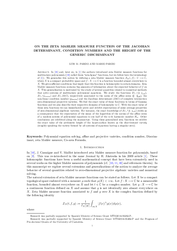 (PDF) On the zeta Mahler measure function of the Jacobian determinant, condition numbers and the ...