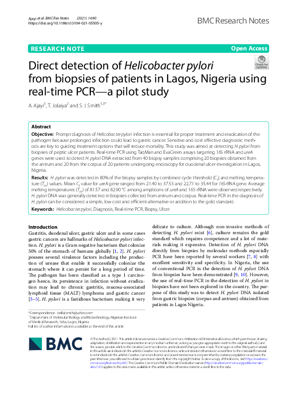 (PDF) Direct detection of Helicobacter pylori from biopsies of patients ...
