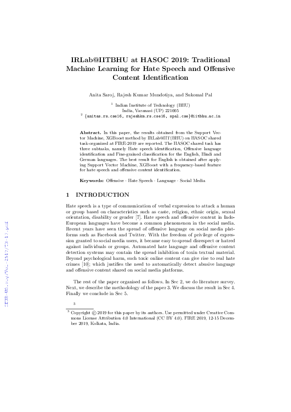 (PDF) IRLab@IITBHU at HASOC 2019: Traditional Machine Learning for Hate Speech and Offensive ...