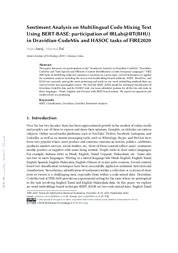 Pdf Sentiment Analysis On Multilingual Code Mixing Text Using Bert Base Participation Of