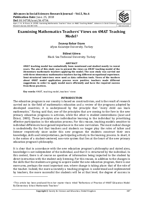 (PDF) Examining Mathematics Teachers' Views on 4MAT Teaching Model