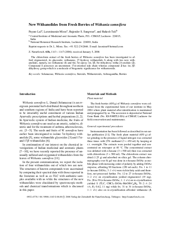 (PDF) New withanolides from fresh berries of Withania somnifera