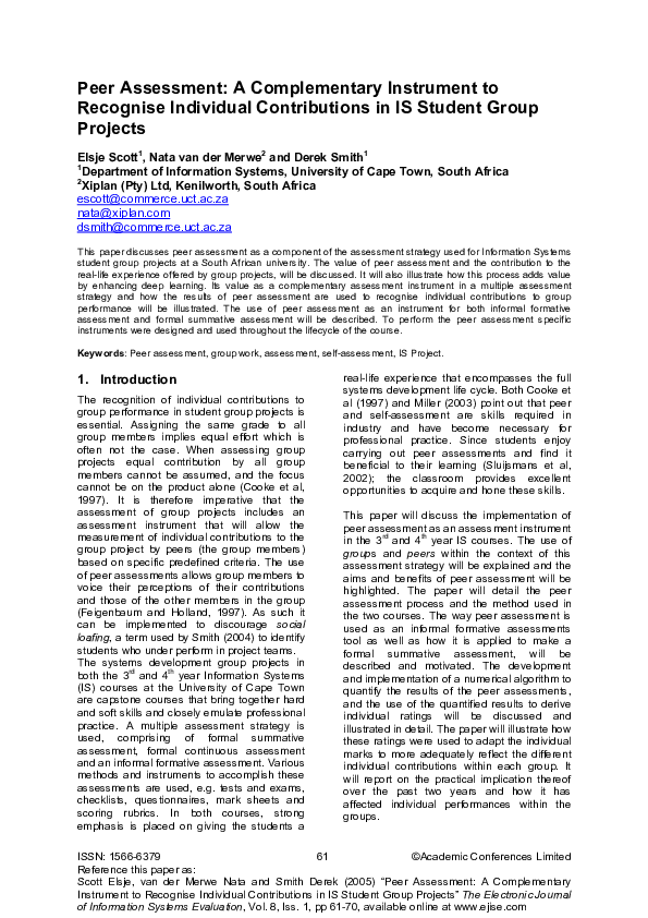 (PDF) Peer assessment: A complementary instrument to recognise ...