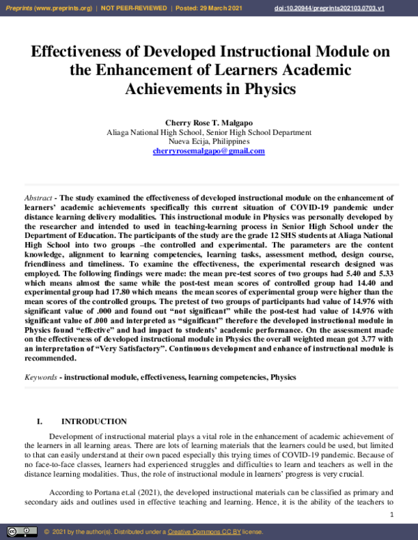(PDF) Effectiveness of Developed Instructional Module on the ...