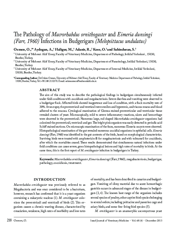 (PDF) The Pathology of Macrorhabdus ornithogaster and Eimeria dunsingi ...