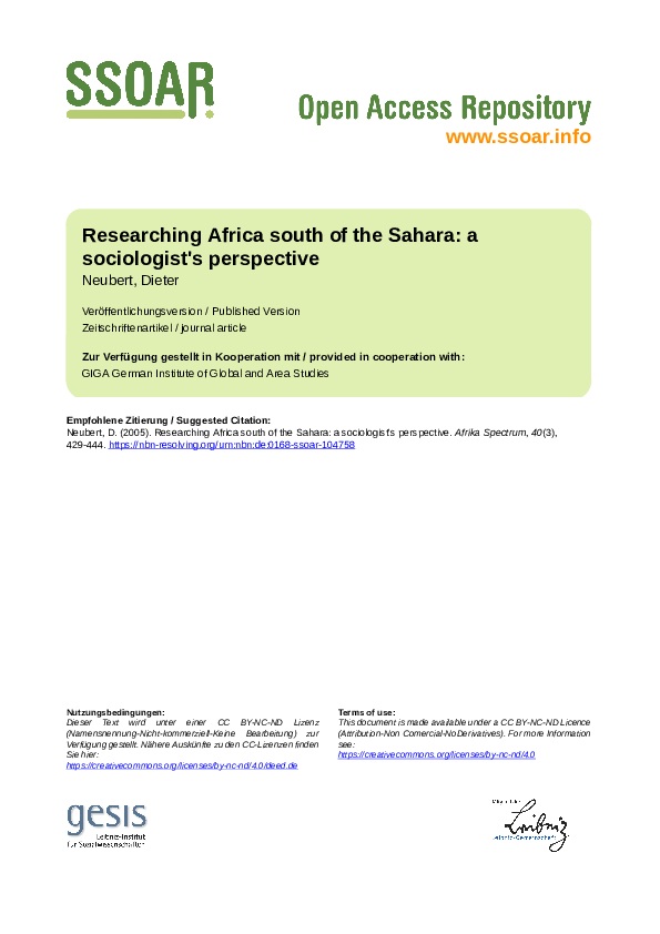 (PDF) Researching Africa south of the Sahara : a sociologist's perspective